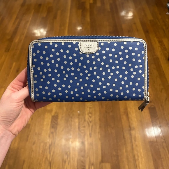 Fossil | Bags | Fossil Blue And White Polka Dot Wallet | Poshmark